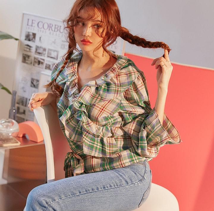 common unique - KIRRA CHECK FRILL WRAP BLOUSE - Codibook.