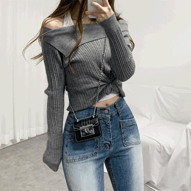 musefit - Y2K 3COLOR Off Shoulder Unbalanced Collar Knitwear - Codibook.