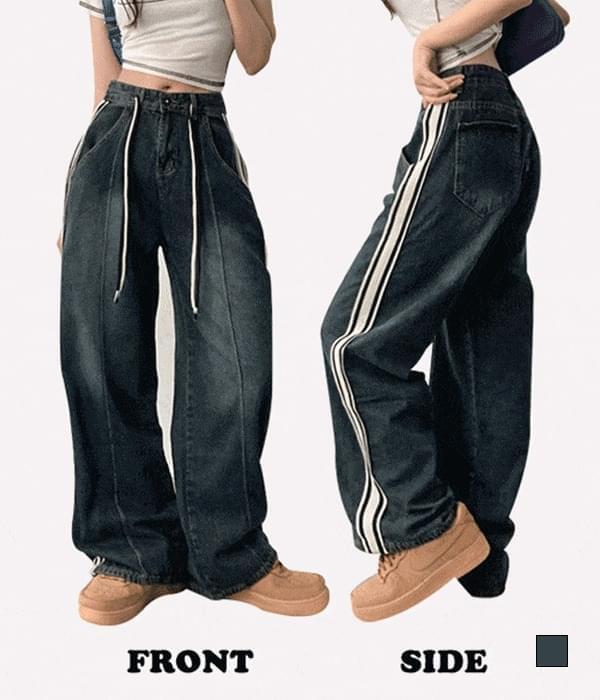 gifteabox - Com2 Y2K, color matching line banding string wide denim pants - Codibook.