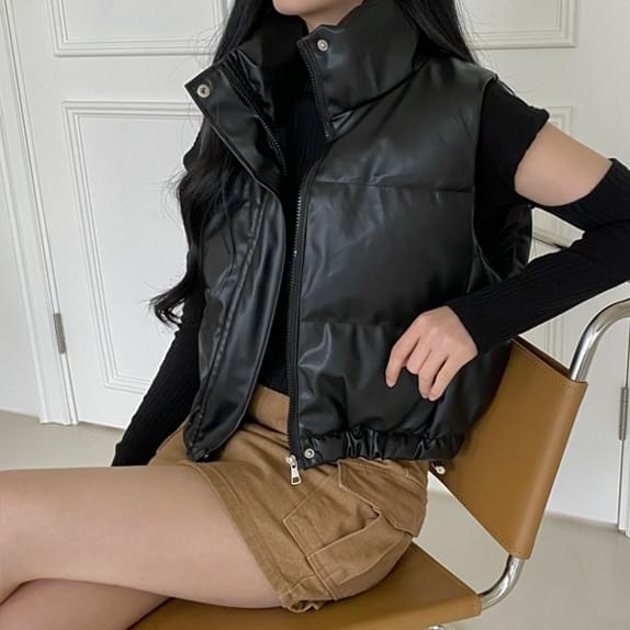 dangosister - Planning 1 milli leather padded vest hem string short padded vest Wellon high neck ...