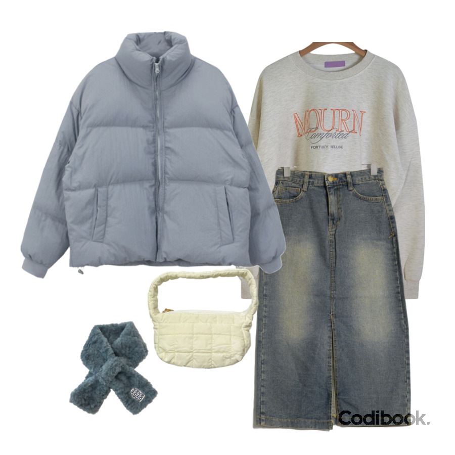 심플룩,Casual,padding,겨울,sweatshirt,maxi skirt,목도리,blue,톤온톤,데일리 코디 by dawn_m00n - Codibook.