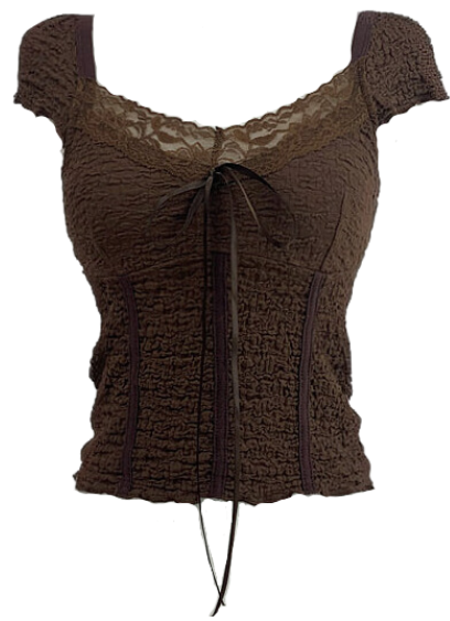 wannabemuse - Lace ribbon short sleeve crop top t-shirt blouse cap sleeve Split van embossing ...