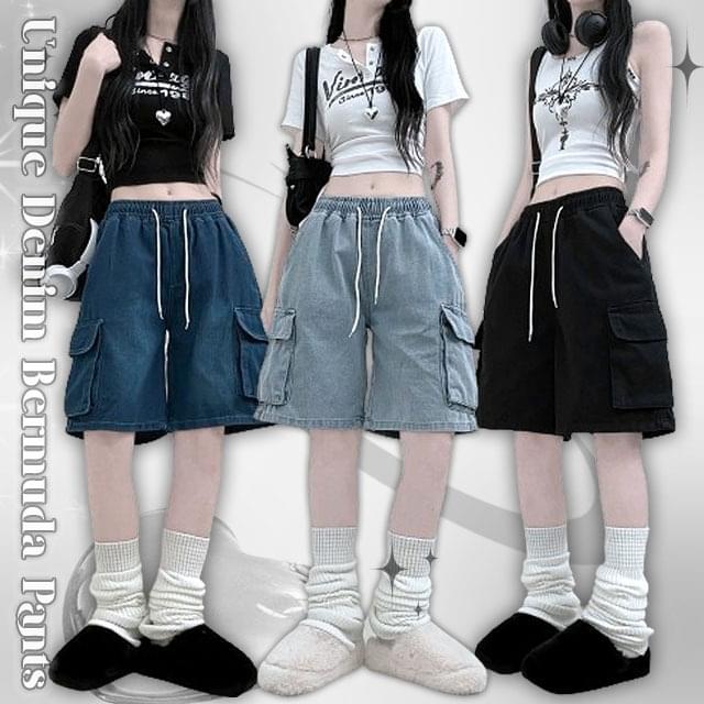 ccomeng - Big pocket denim cargo Bermuda 5-quarter banding short pants ... ccomeng - Big pocket denim cargo Bermuda 5-quarter banding short pants ...
