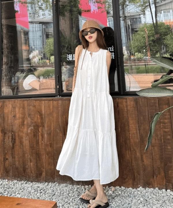 Dearlow - Desia button tiered flare sleeveless long Dress - Codibook.